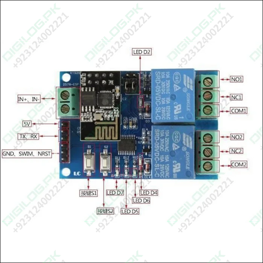 5V ESP8266 Dual-Channel WiFi Relay Smart Home Control - Digilog.pk
