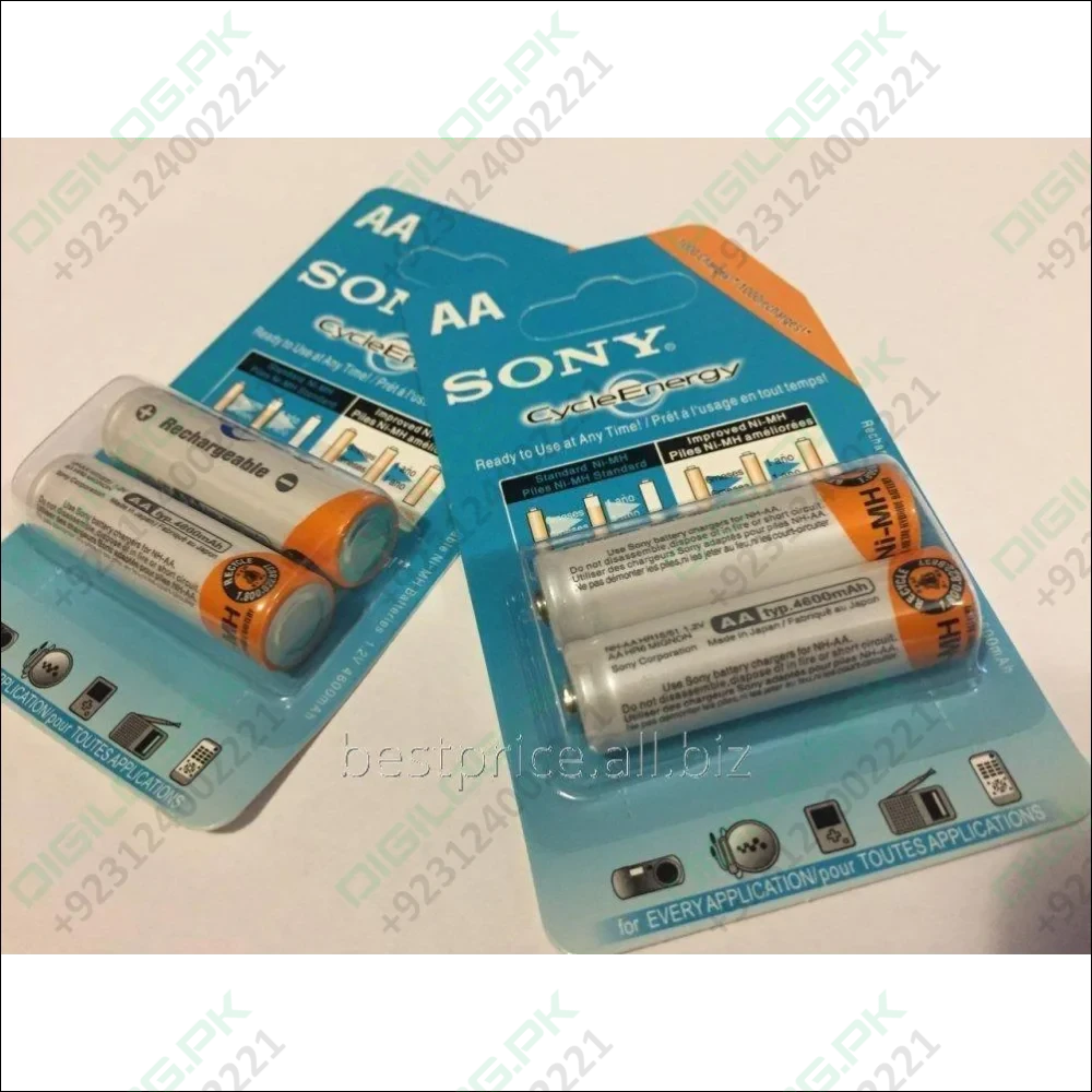 2 pcs Sony Ni-MH AA 1.2V 500mah to 1000mah Rechargeable Battery - Digilog.pk