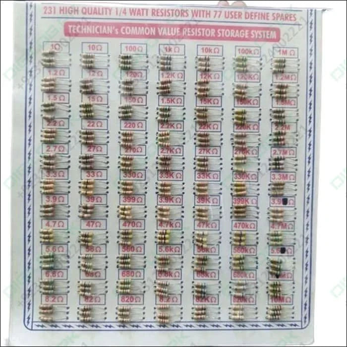 231 Pcs Mix Resistor 1/4 Watt With 77 User Define Spares - Digilog.pk