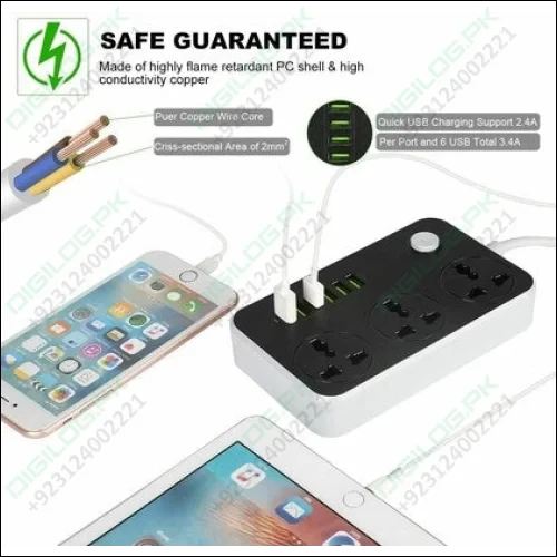 Power Extension Lead with 3 Sockets and 6 USB Ports - Digilog.pk